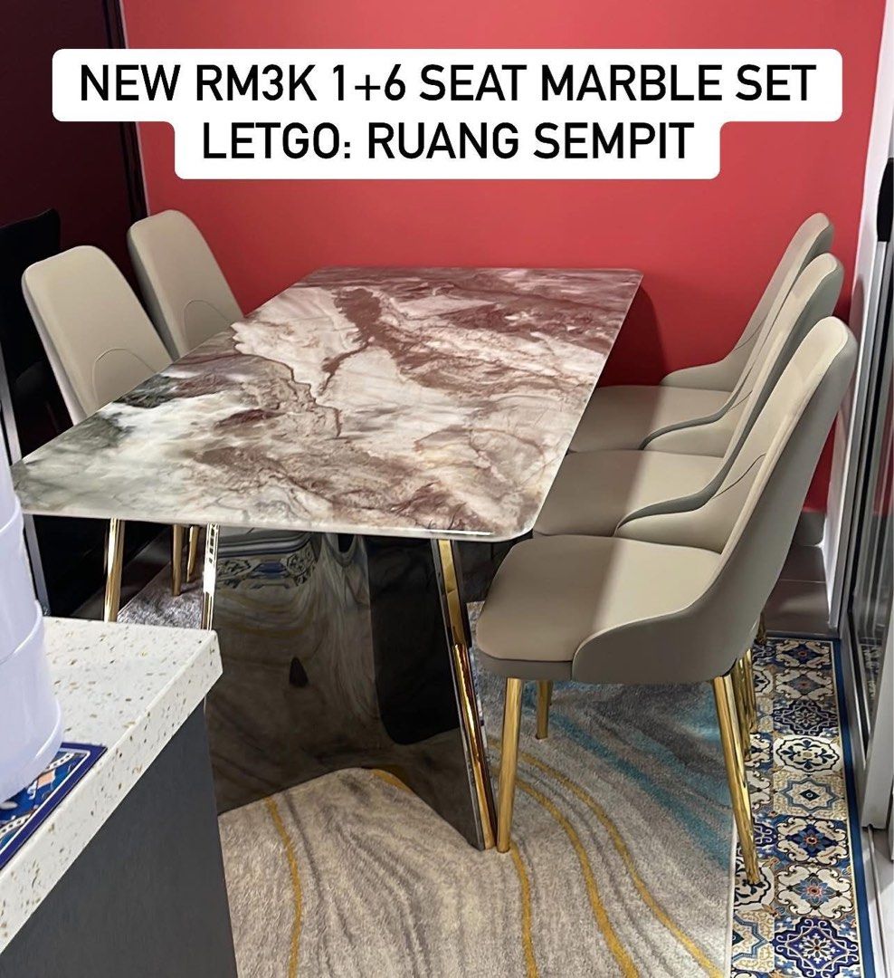 Meja makan raya aidilfitri Marble top table + 6 pu leather chair U17 ...