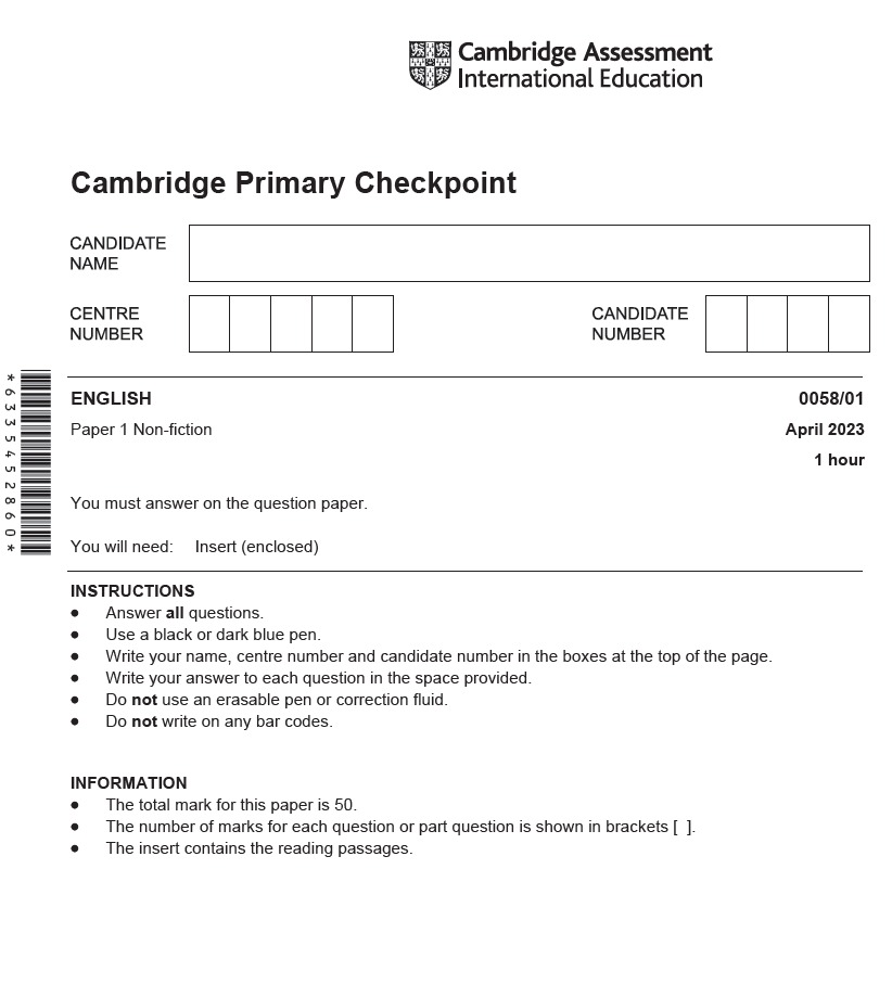 Cambridge Primary Checkpoint - English (0058) Paper 1 & 2 - April 2023 ...