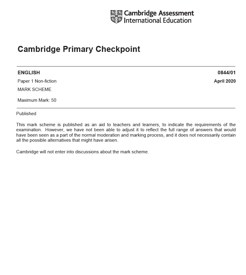 -Cambridge Primary Checkpoint - English (0844) Paper 1 & 2 - April 2020 ...