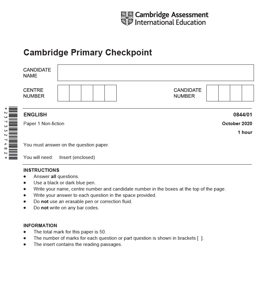 Cambridge Primary Checkpoint - English (0844) Paper 1 & 2 - Oct 2020 ...