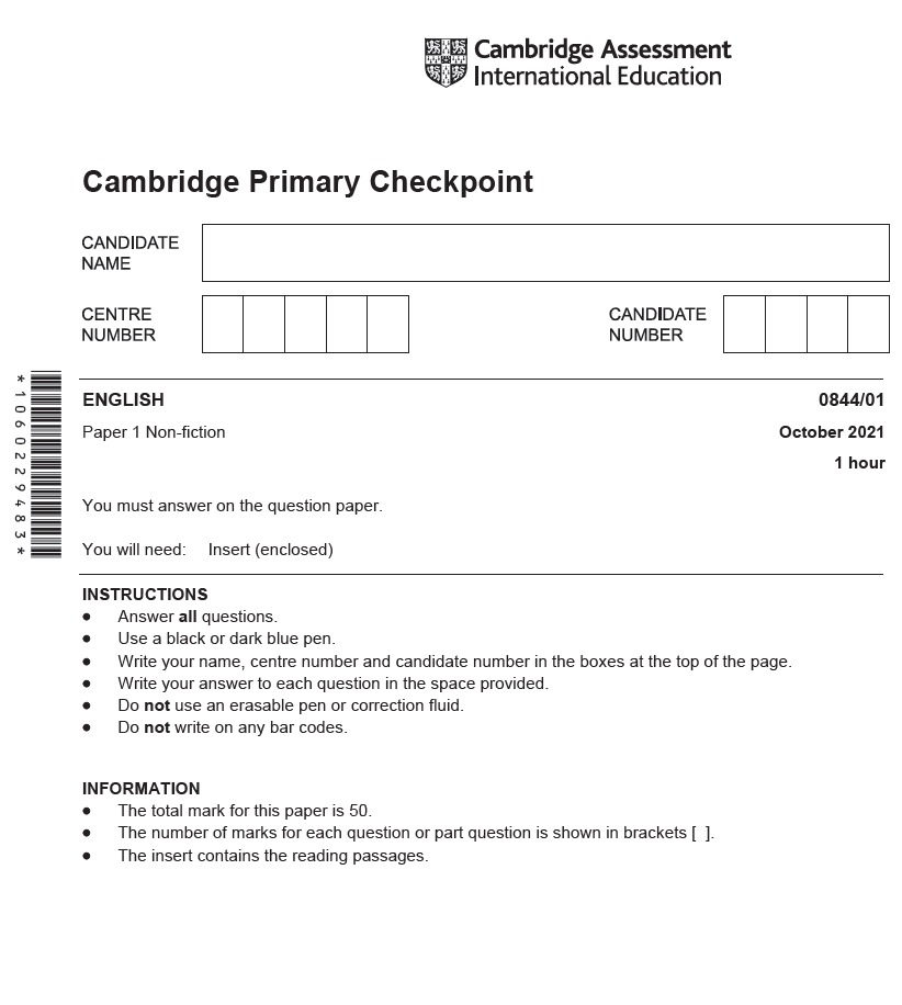 Cambridge Primary Checkpoint - English (0844) Paper 1 & 2 - Oct 2021 ...
