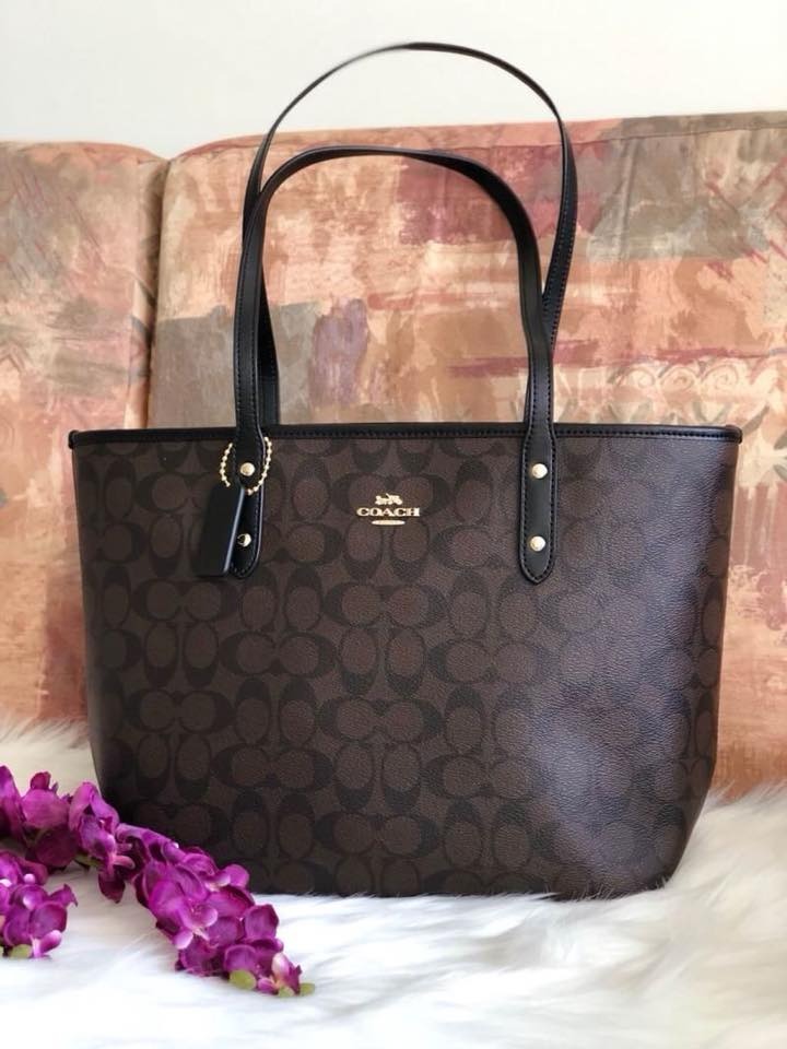 Coach City Zip Tote In Signature Canvas F58292 - Brown Black, Luxury ...