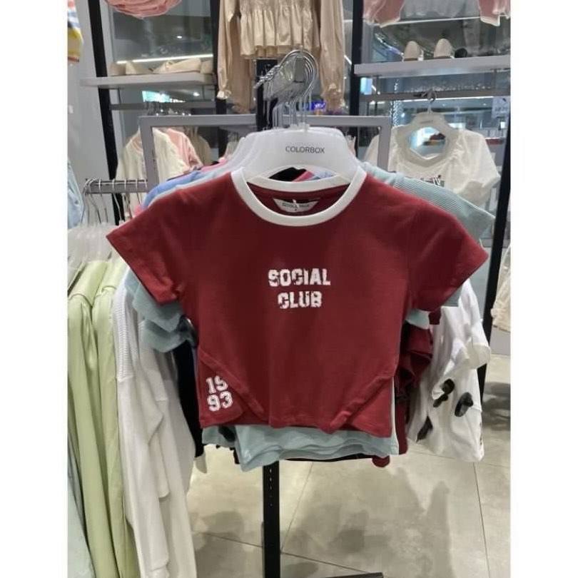 COLORBOX SOCIAL CLUB CROP TOP, Fesyen Wanita, Pakaian Wanita, Atasan di Carousell