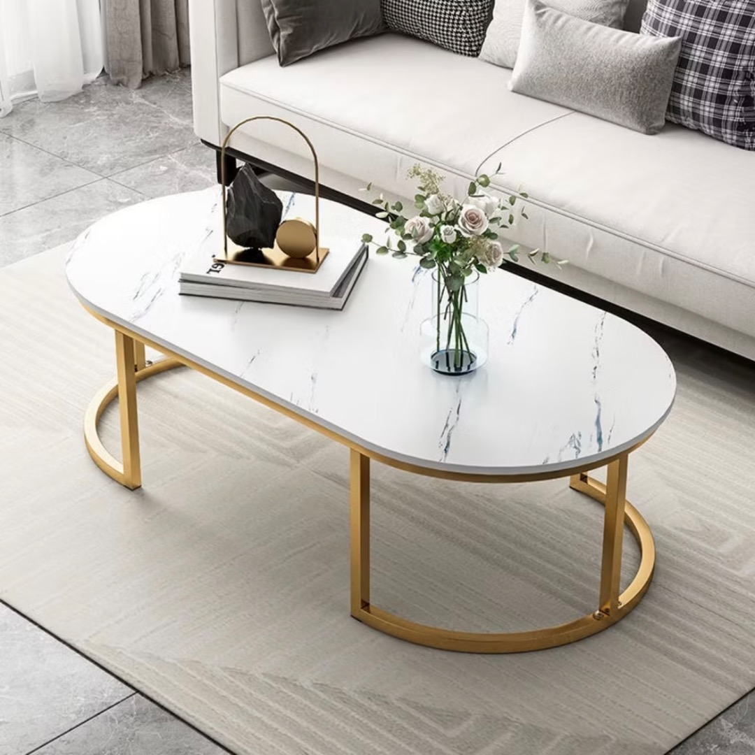 Marble Pattern Coffee Table | White Oval Tea Table With Gold Frame ...