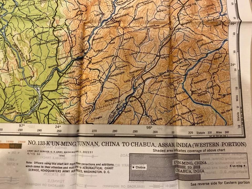 飞跃驼峰！1944年驼峰航线军用地图 1944 WW2 USAAF Silk Pilot Escape Drift Map K'UN-MING ...
