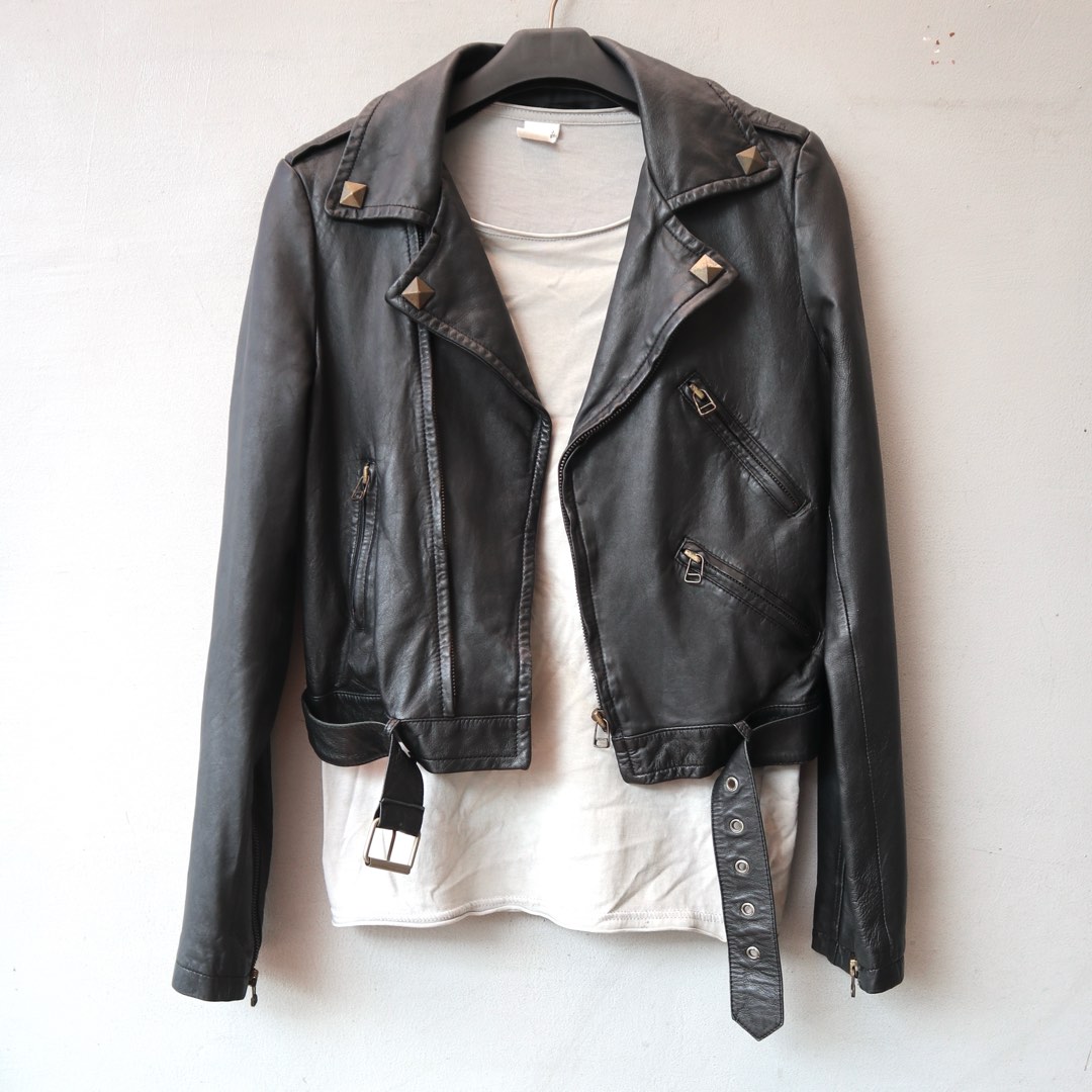 Jaket kulit asli domba ramones crop cewek rocker punk jaket motor ...