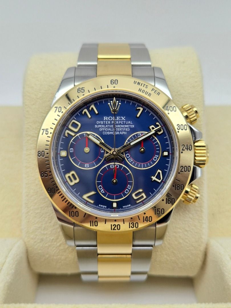 Rolex Daytona 116523 Blue Racing Dial Yellow Gold Two Tone Chronograph ...
