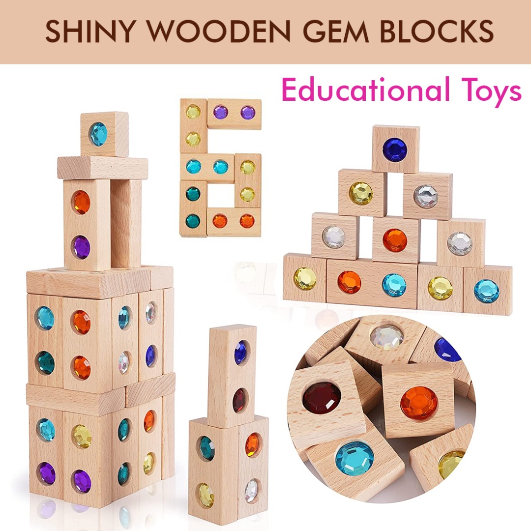 Acrylic Sparkling Stones Wooden Gemstone Blocks Wood Montessori Toy ...