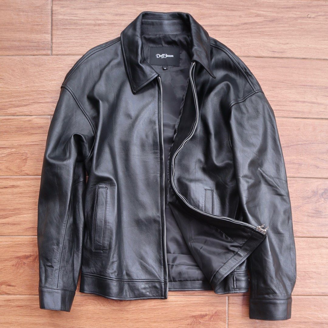 DOFFJASON size L Jaket kulit asli domba premium oversize overfit kerah daun casual boxy genuine ...