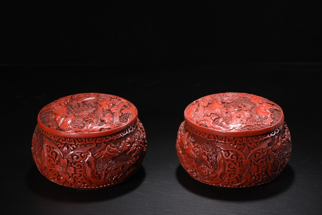 Old Collection of Red Lacquerware Landscape Go Jar旧藏剔红漆器山水图围棋罐, Hobbies ...