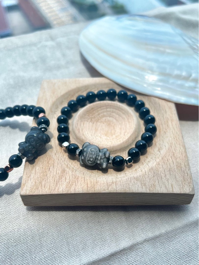 Labubu Zimomo Charm Obsidian Crystal Bracelet, Women's Fashion, Jewelry ...