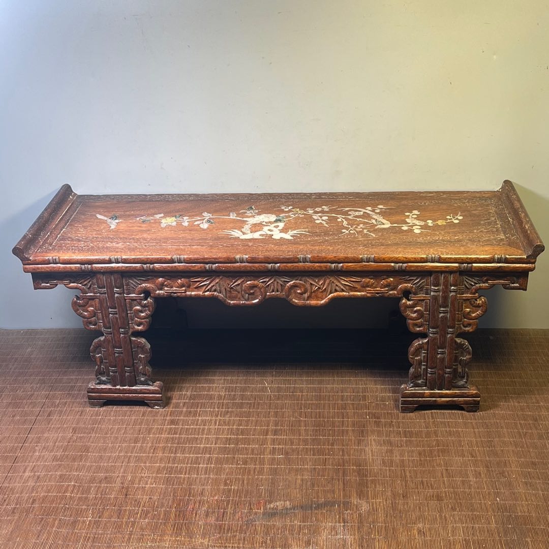Old Hidden Pear Wood with Shell Carving Table and Tea Stand旧藏花梨木镶贝壳雕刻供桌 ...