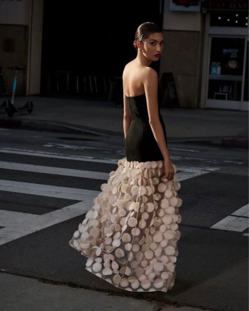 RENT: BRONX BLACK & WHITE LONG FLOWY STRAPLESS FABRIC TULLE GOWN MAXI ...