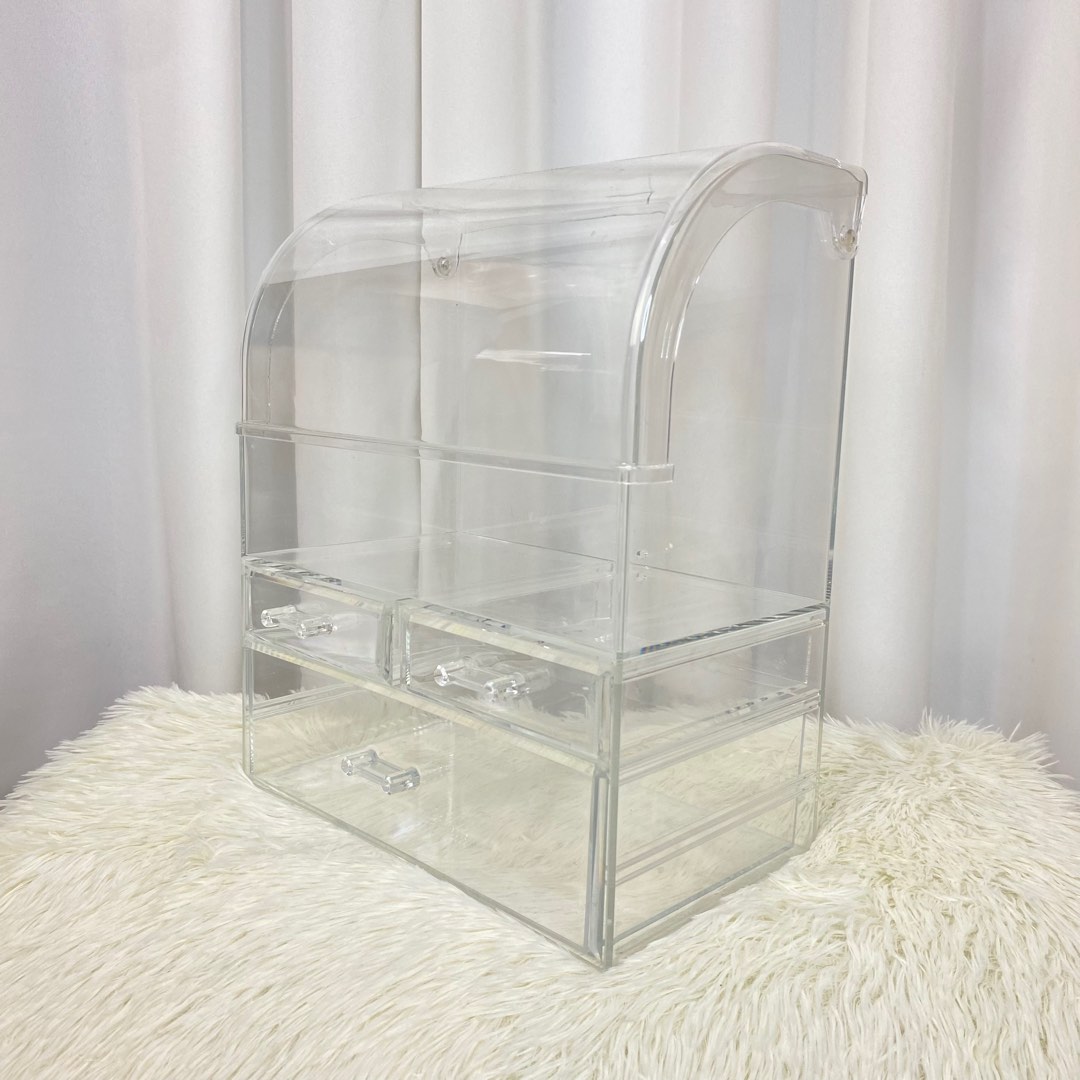 Acrylic Cosmetic Storage Box Dust-proof with Lid 3 Drawers Transparent ...