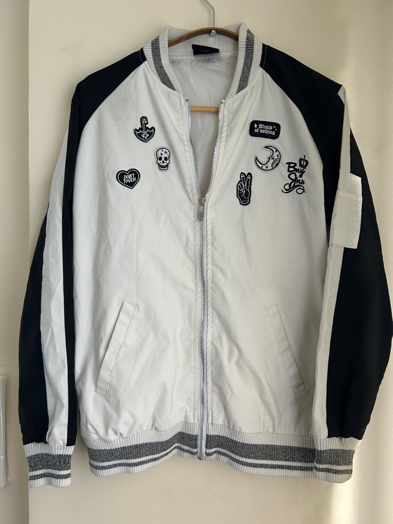BNY Jeans white black patchwork bomber varsity jacket, Women's Fashion ...