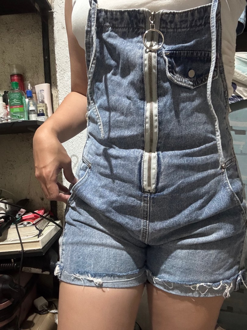 maong jumpshort, Women's Fashion, Dresses & Sets, Rompers on Carousell