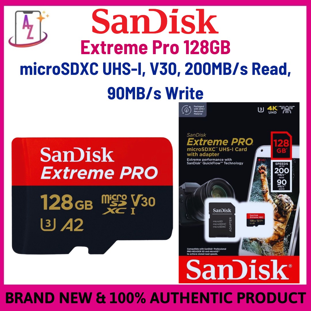 SanDisk Extreme Pro 128GB microSDXC UHS-I, V30, 200MB/s Read, 90MB/s Write, Memory Card for 4K ...