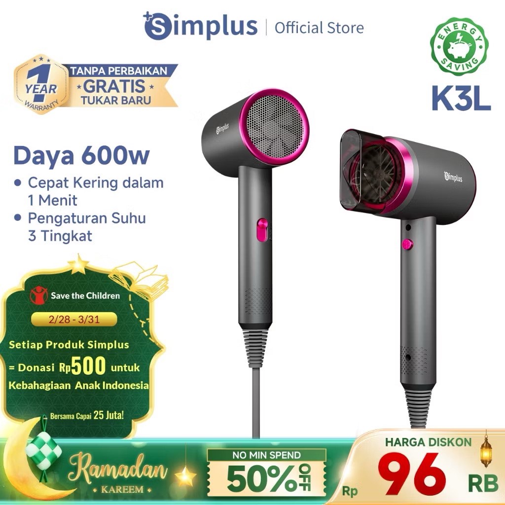 Simplus Hair Dryer Low Watt 600w Hot & Cold Pengering Rambut Panas ...
