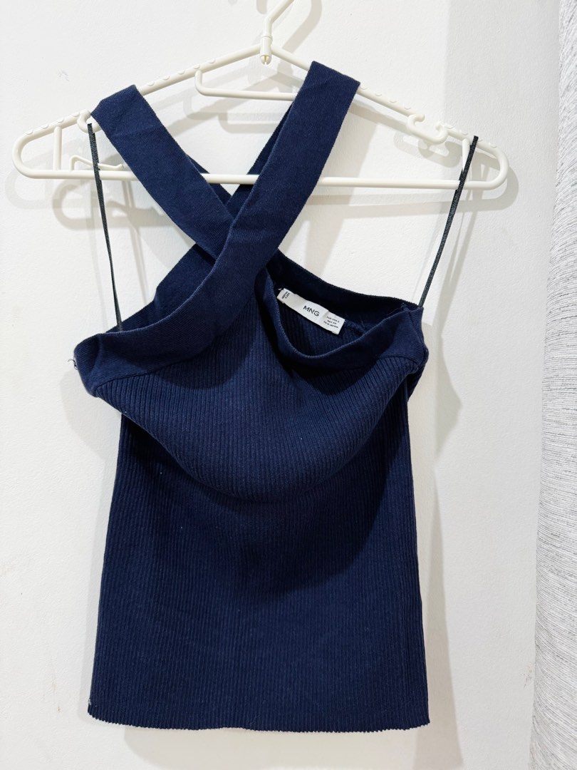 stretchy navy blue ribbed knit halter top, Women's Fashion, Tops ...