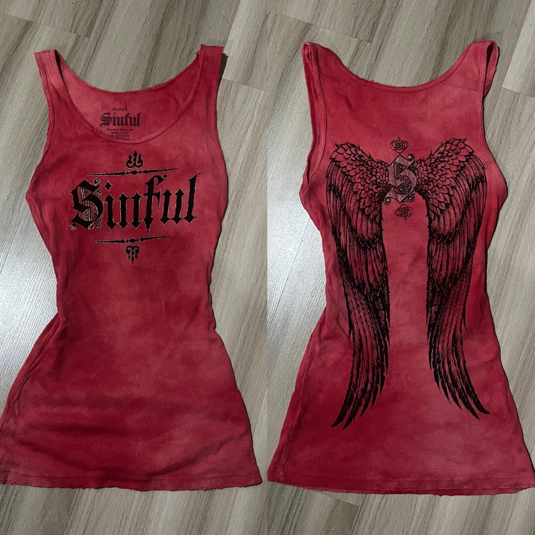 y2k sinful red graphic ribbed tank top // rare vintage grunge goth emo ...