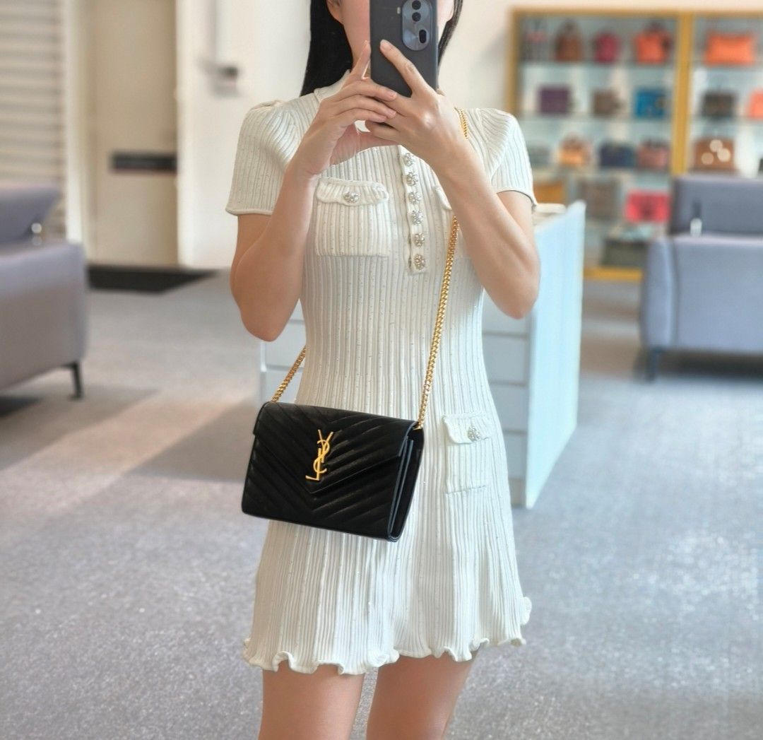 YSL Envelope Large Black Grain Gold Hardware Wallet On Chain Full Set ...