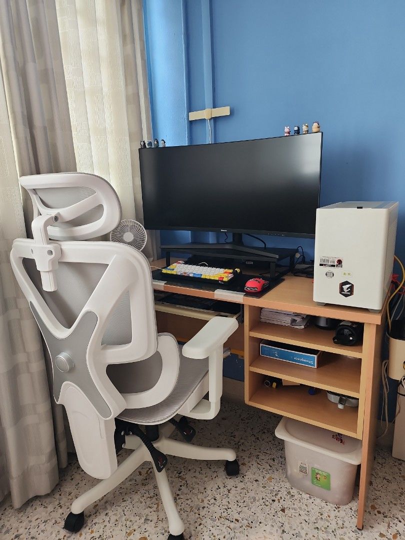 AMD gaming desktop with 34 inch ultra wide curved monitor, table and ...