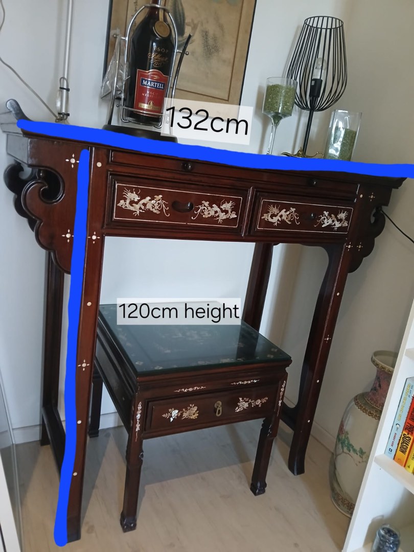 Rose wood table and alter or display high shelf with drawers, Furniture ...