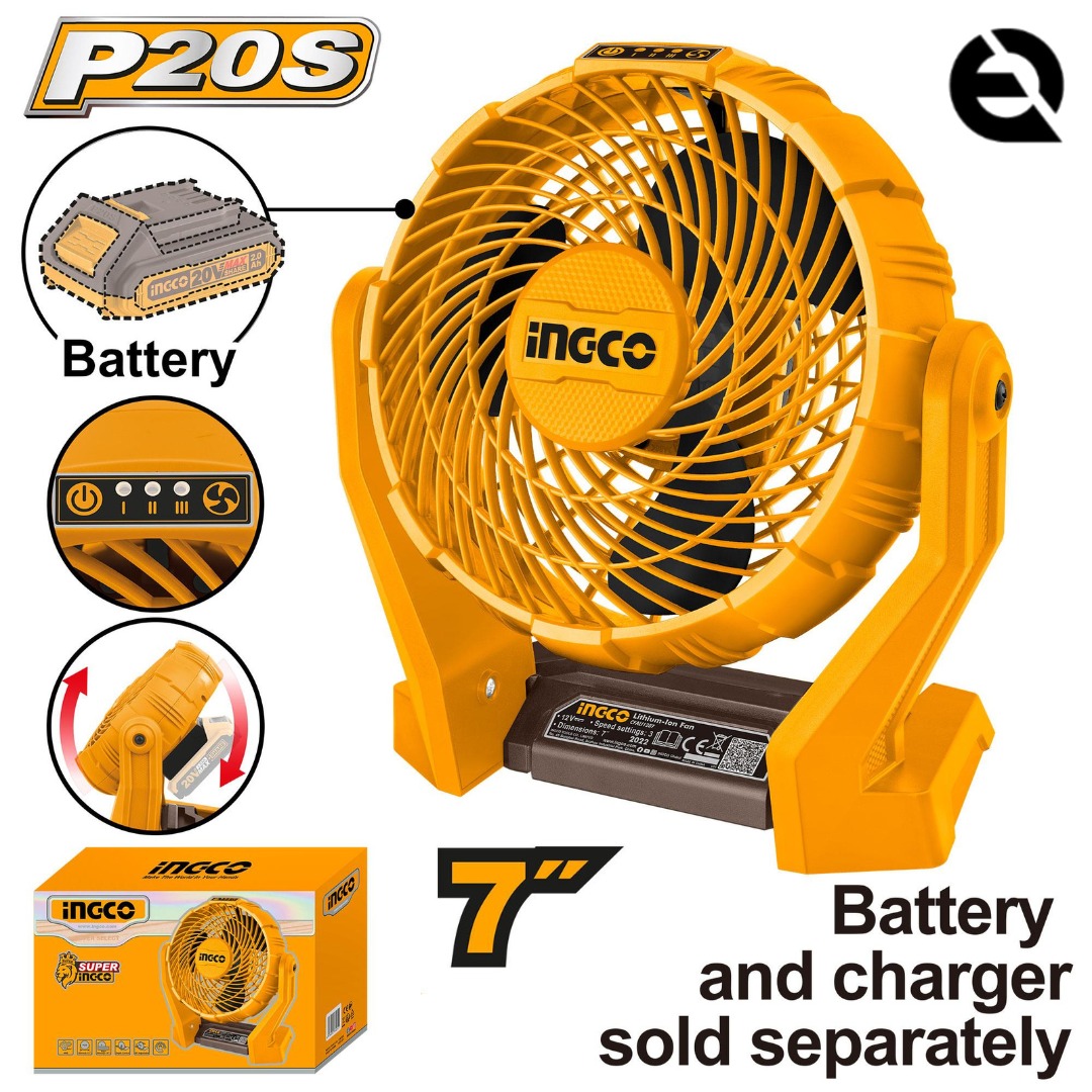 INGCO 20V Cordless Fan 7" Lithium-Ion [BARE UNIT] Code: CFALI2007 ...