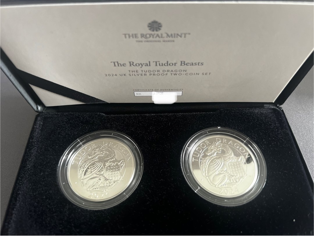 The Royal Tudor Beast The Tudor Dragon 2024 Silver Proof two coin set ...