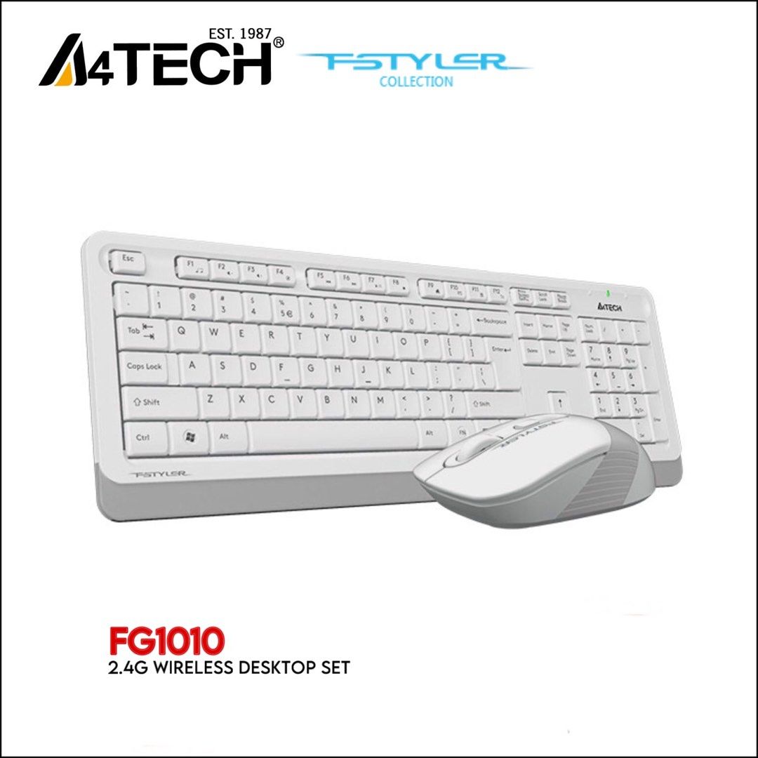 A4TECH FSTYLER FG1010 2.4G Wireless Desktop Set Power-Saving Keyboard and Mouse Combo KB + Mice ...