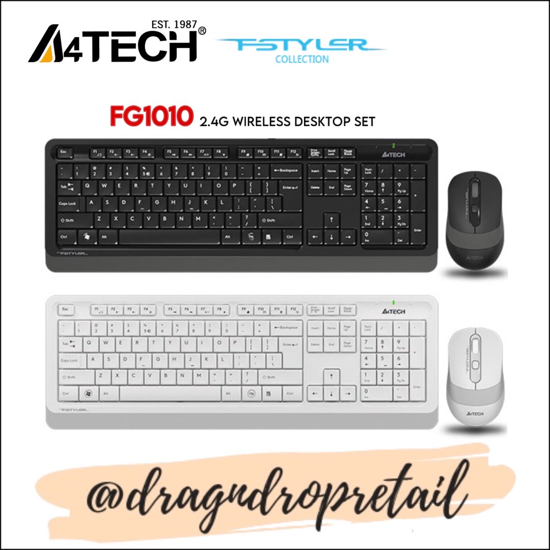 A4TECH FSTYLER FG1010 2.4G Wireless Desktop Set Power-Saving Keyboard and Mouse Combo KB + Mice ...