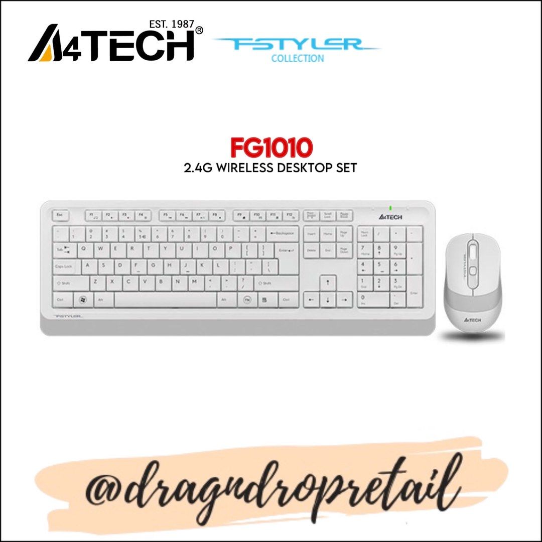 A4TECH FSTYLER FG1010 2.4G Wireless Desktop Set Power-Saving Keyboard and Mouse Combo KB + Mice ...