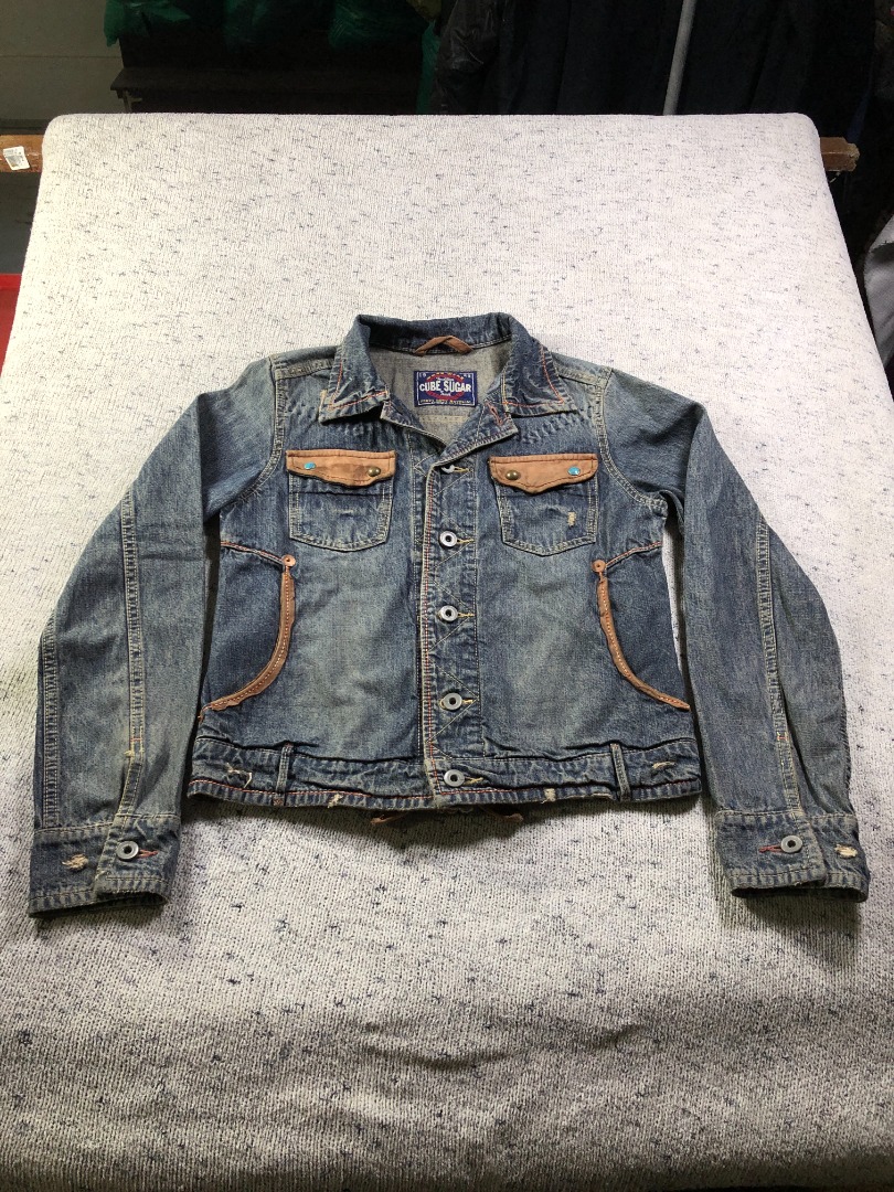 CUBE SUGAR Japan Vintage Denim Damage Jacket Cinchback Size Medium, Men's Fashion, Coats ...