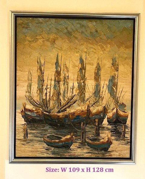 Fishing Boats Oil Painting with silver frame, Furniture & Home Living ...