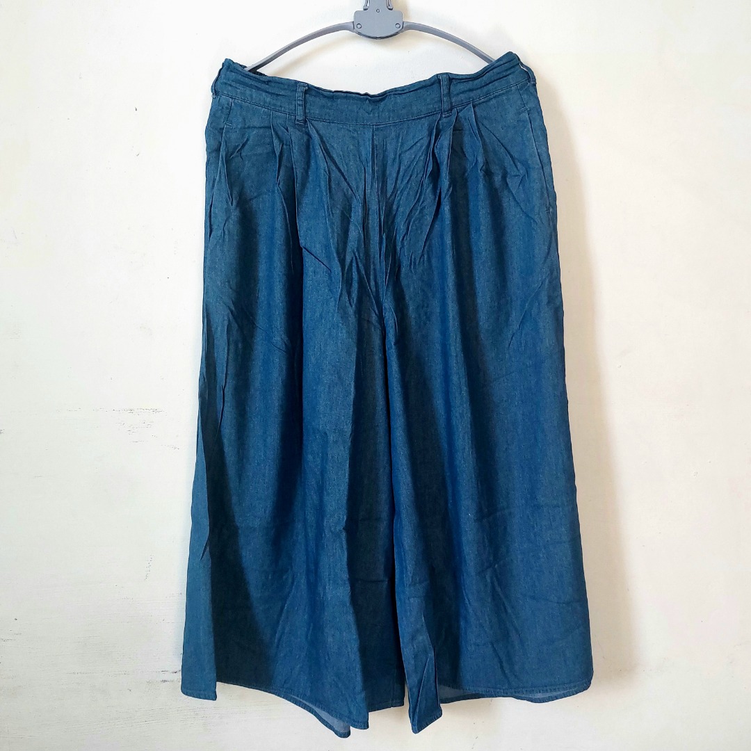 Flowy Wide Leg Blue Wash Denim Tokong Pants, Women's Fashion, Bottoms ...