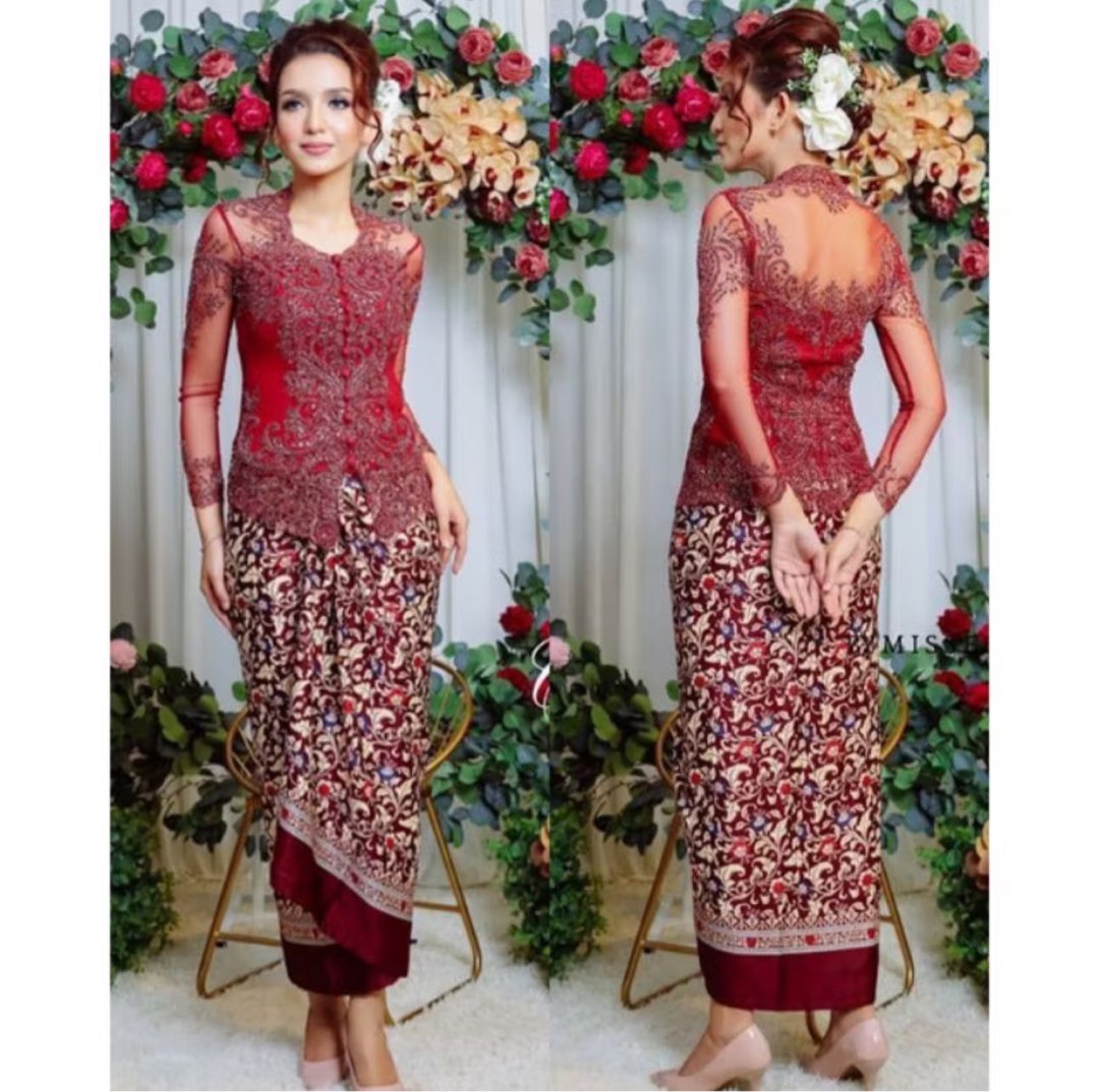 Kebaya Nyonya Manik Payet Putih + Inner + Kain Pario + Belt, Women's ...