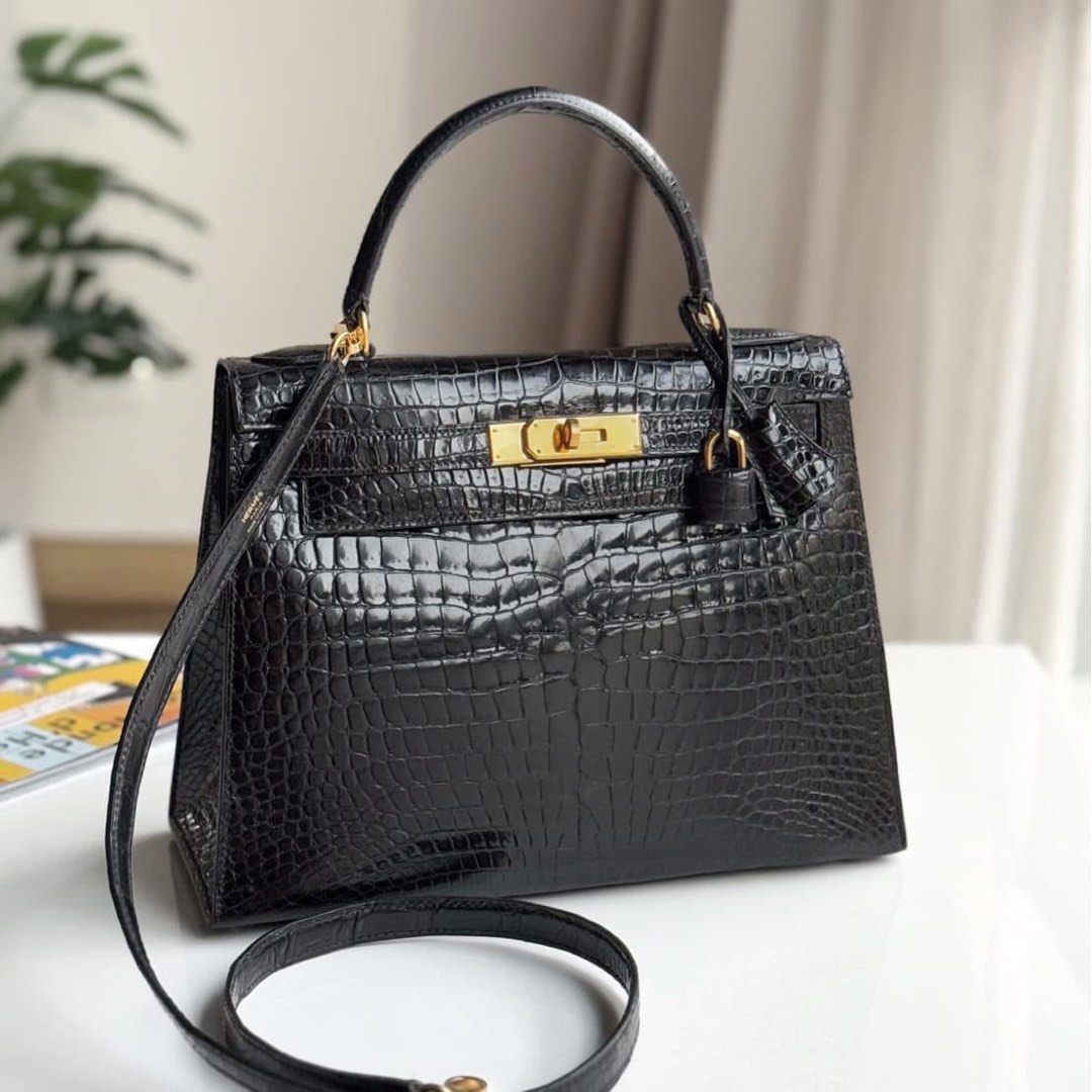 Kelly 28 Croc Black Shinny Pro, Luxury, Bags & Wallets on Carousell