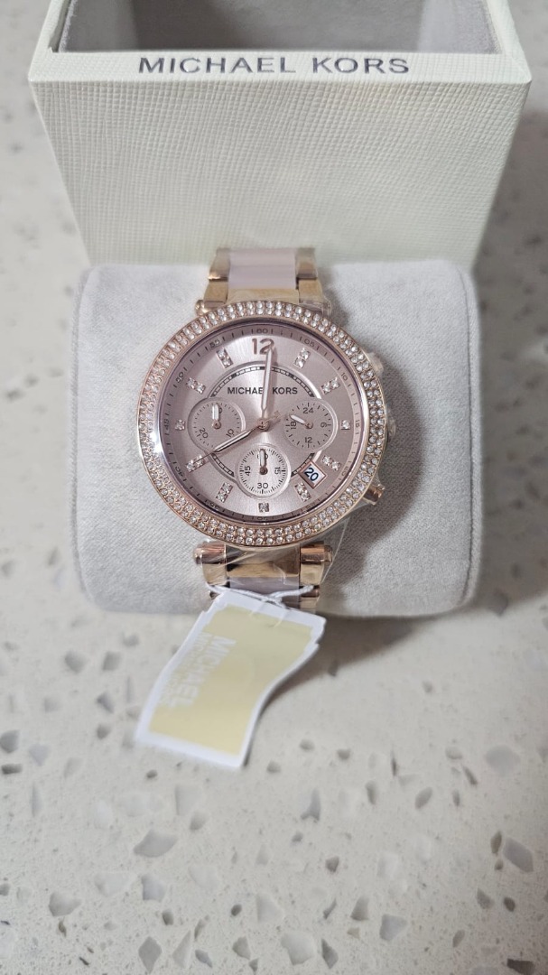Michael Kors Resin MK5896 Analog Rose Dial Women Watch, Gold Band ...