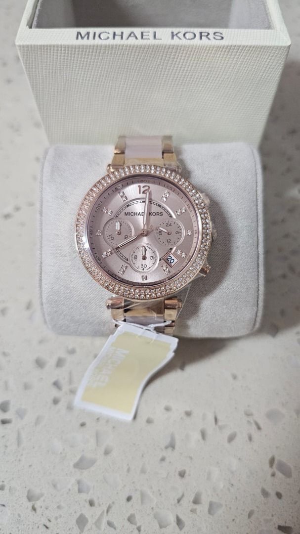Michael Kors Resin MK5896 Analog Rose Dial Women Watch, Gold Band ...