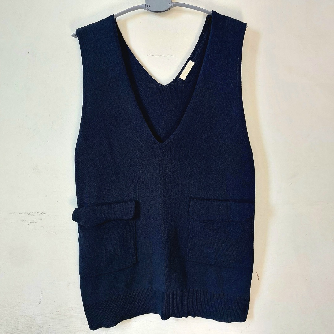 Oversized Navy Blue Knitted V-neck Vest with Two Pockets Infront, Women ...
