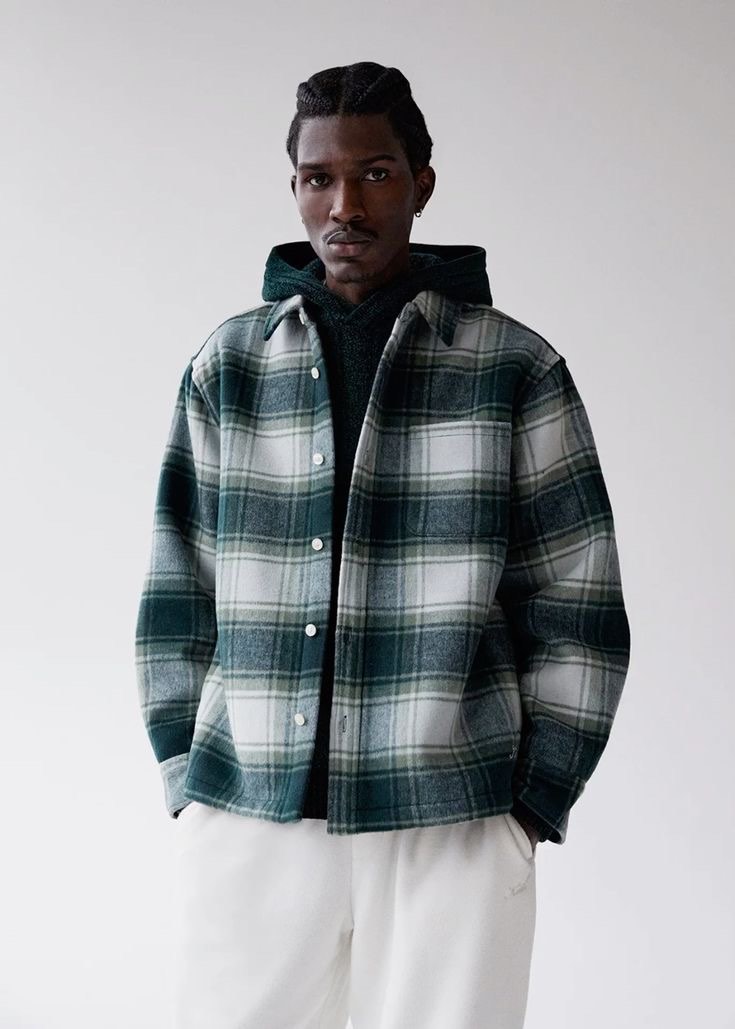 Wool Boxy Flannel Blue Checkered Oversized Loose/Relaxed Fit Wide ...