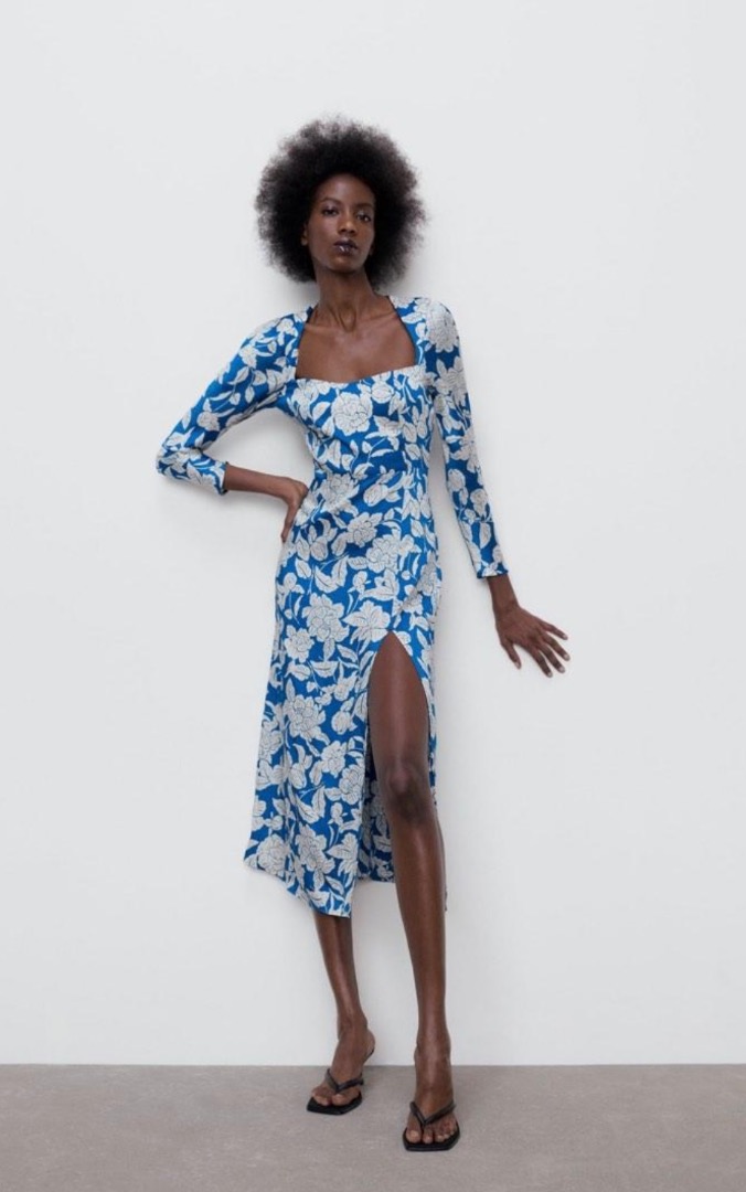Zara Square Neck Blue Floral Dress with Slit, Women's Fashion, Dresses ...