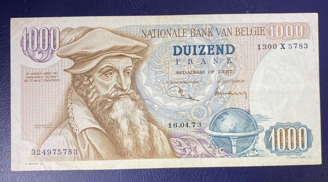 比利时 Belgium 1000 Francs (1961-1976 Gerardus Mercator Version) Condition ...