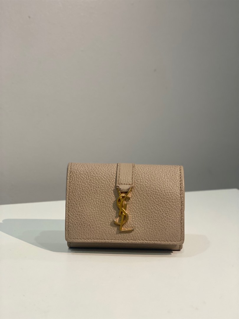 Authentic YSL Beige Grained Leather Mini Wallet, Luxury, Bags & Wallets ...