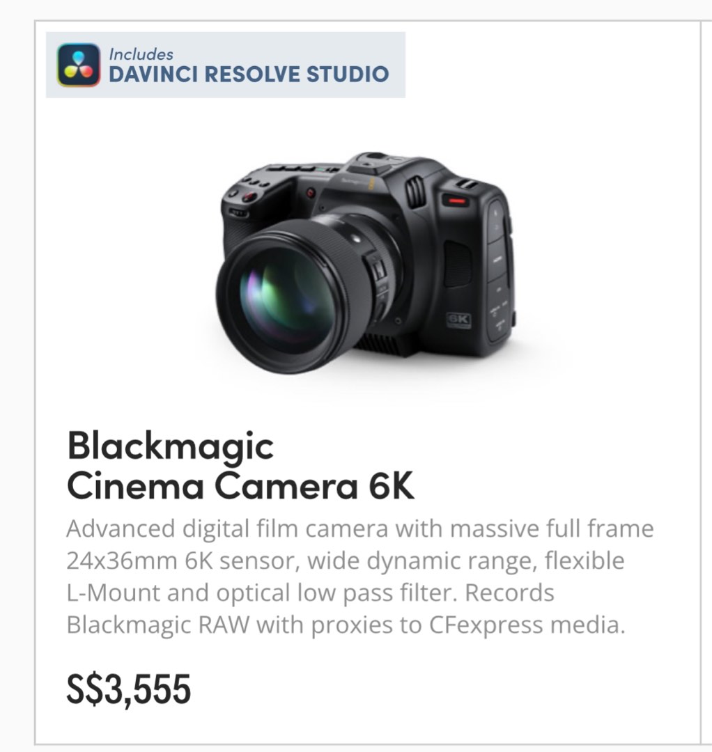 Blackmagic Cinema Camera 6k (Full Frame, L-mount), Photography, Video Cameras on Carousell