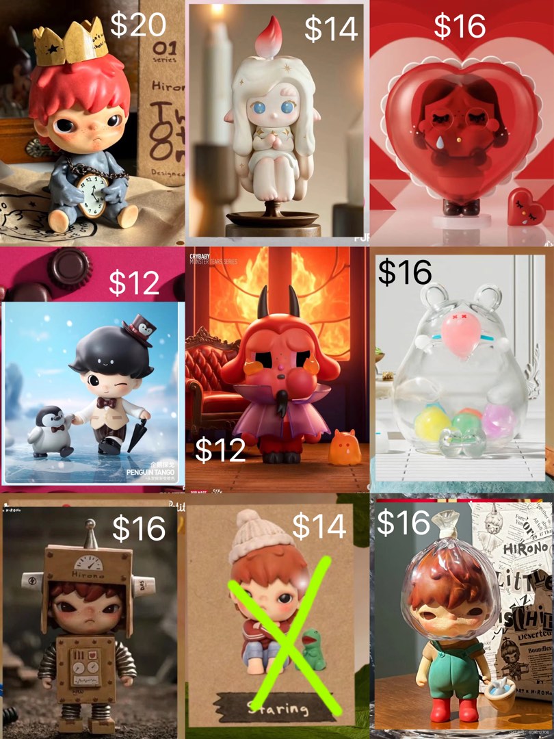 Hirono loose fish/robot/fox/cuchoo; Dimoo penguin tango; Crybaby soul ...