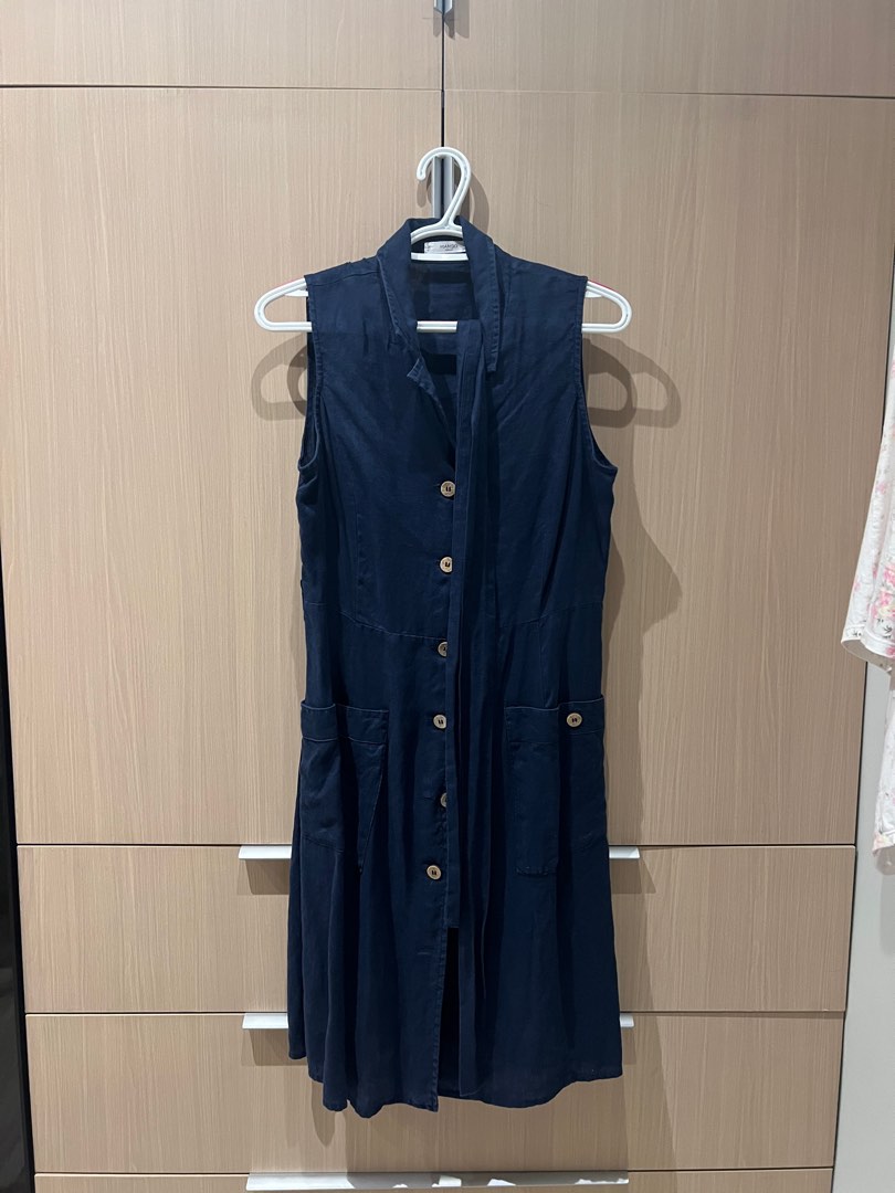 Mango Navy Blue Linen Dress - S-M, Women's Fashion, Dresses & Sets ...