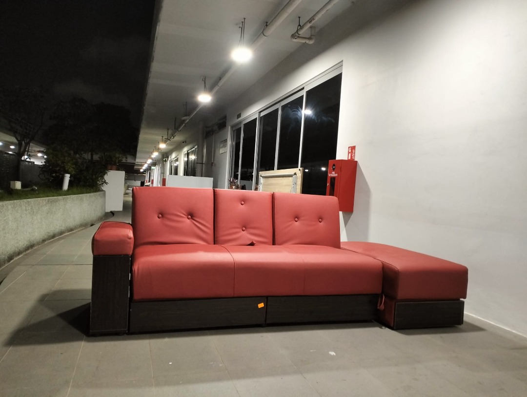 MIKO Storage Sofa Bed in RED PVC, Furniture & Home Living, Furniture, Sofas on Carousell
