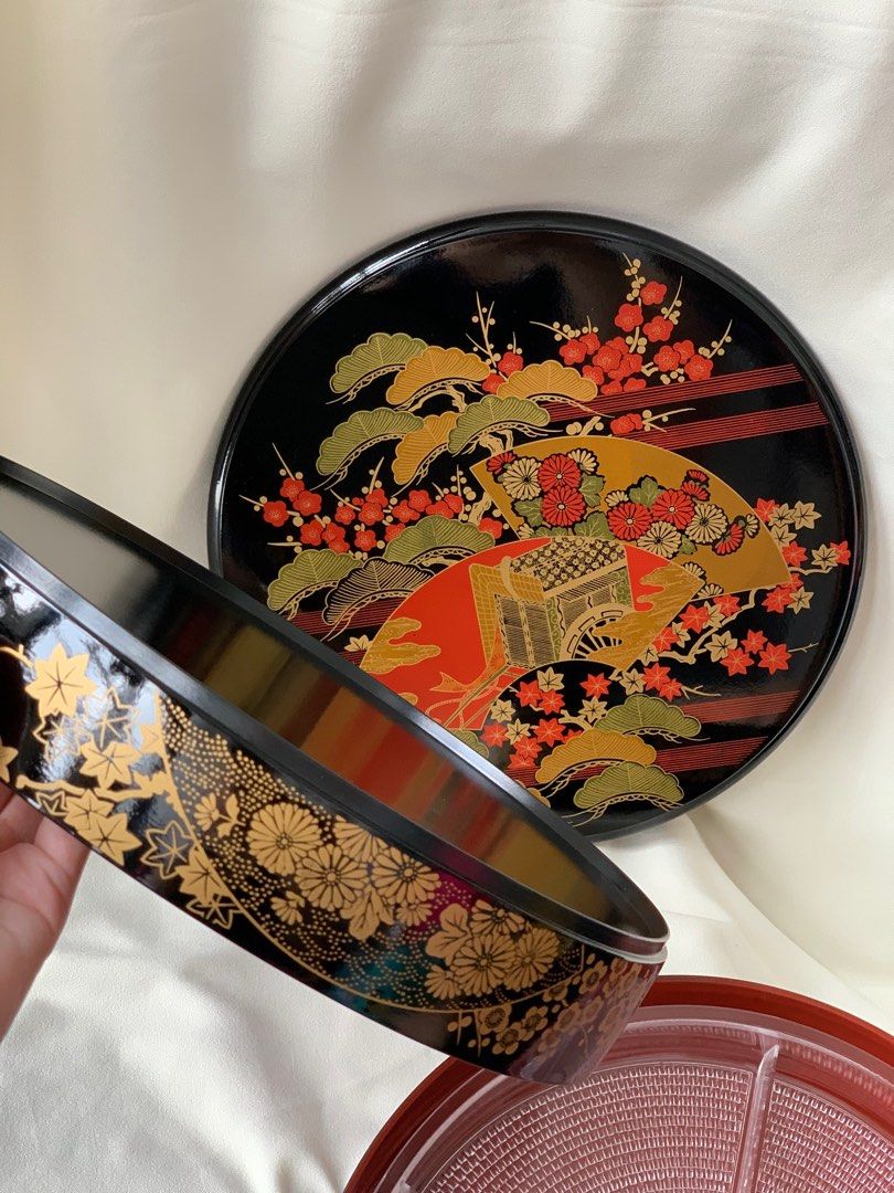 NOS 12” SHOWA RETRO FANS WITH FLOWERS 2-TIER JAPAN BLACK LACQUERWARE ...