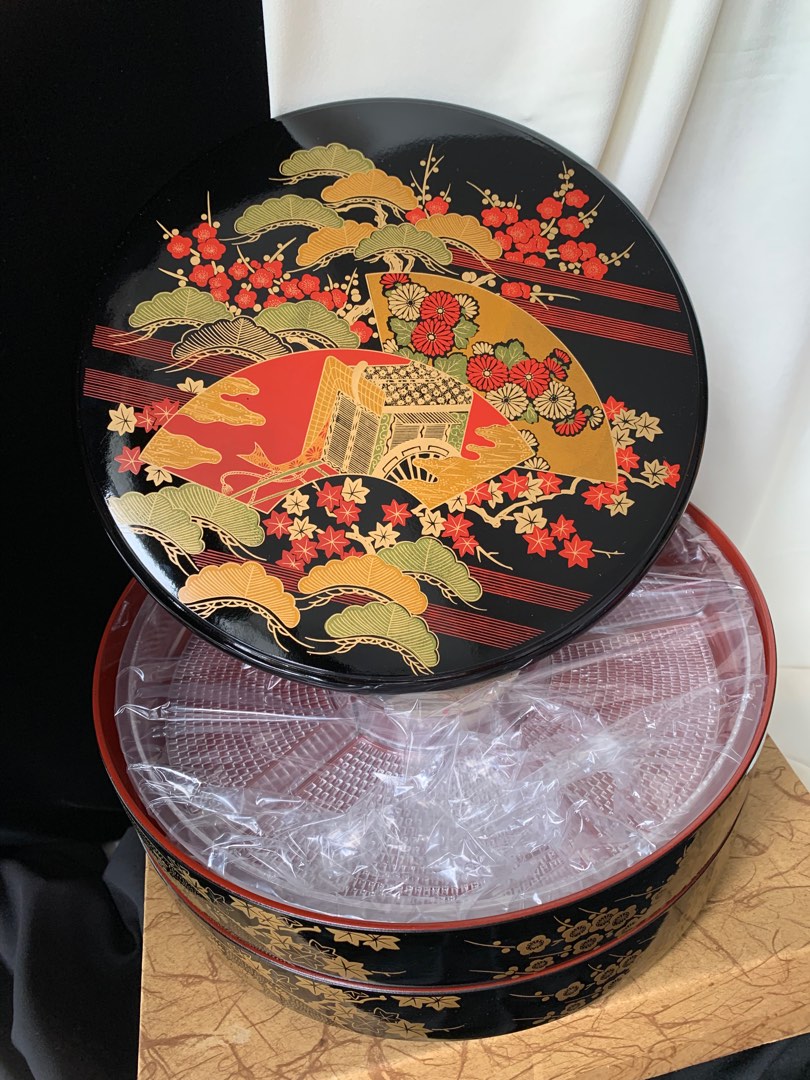 NOS 12” SHOWA RETRO FANS WITH FLOWERS 2-TIER JAPAN BLACK LACQUERWARE ...